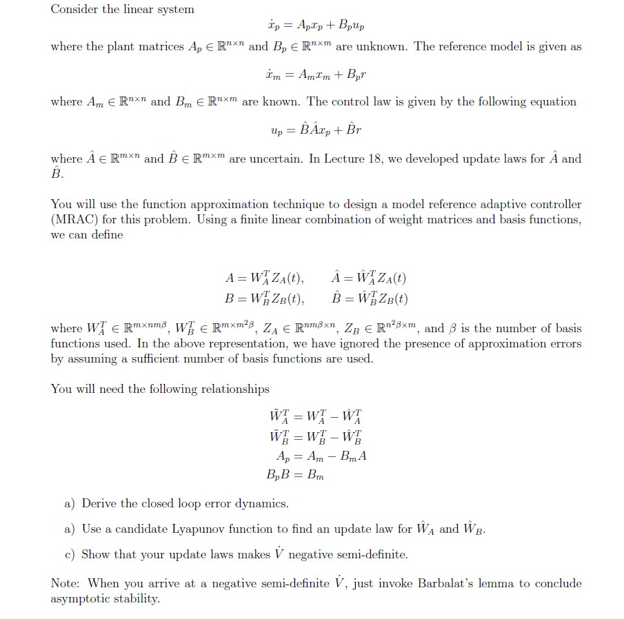 Solved Consider the linear systemxp˙=Apxp+Bpupwhere the | Chegg.com