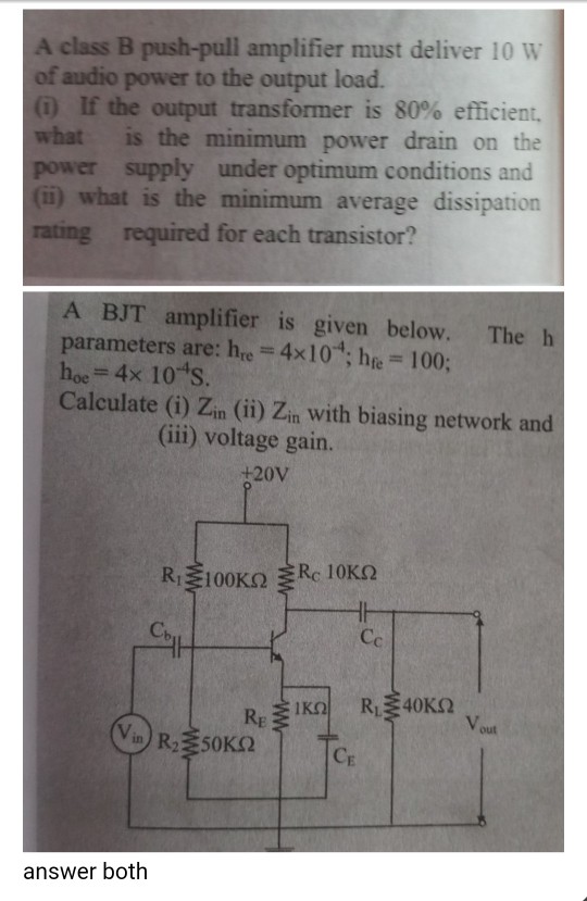 Solved A class B push-pull amplifier must deliver 10 W of | Chegg.com