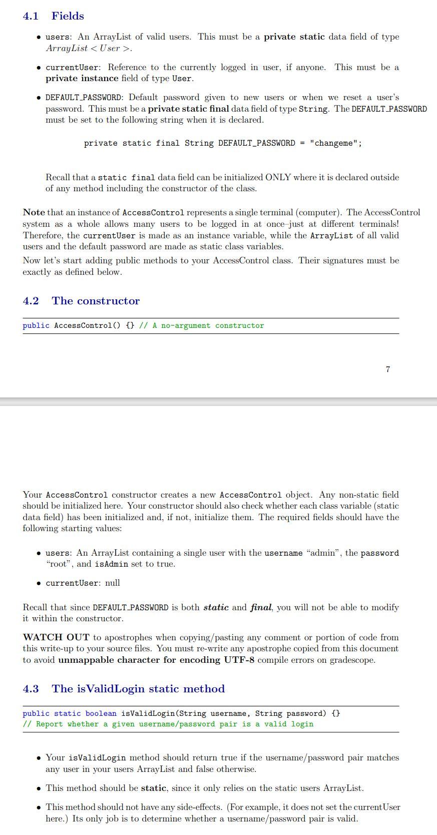 Solved 4.1 Fields • users: An ArrayList of valid users. This | Chegg.com
