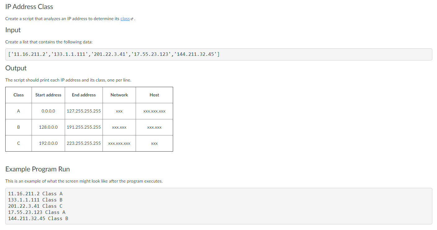 Solved IP Address Class Create a script that analyzes an IP | Chegg.com