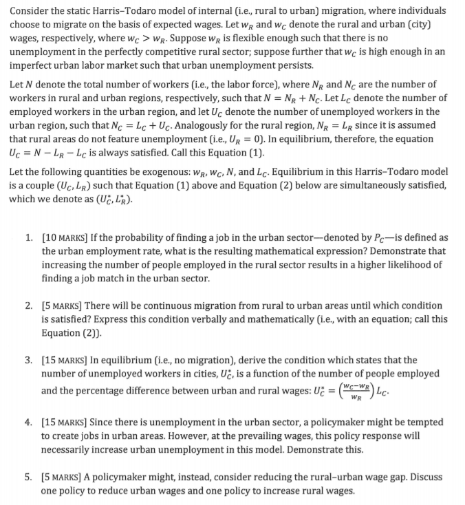 Consider the static Harris-Todaro model of internal | Chegg.com