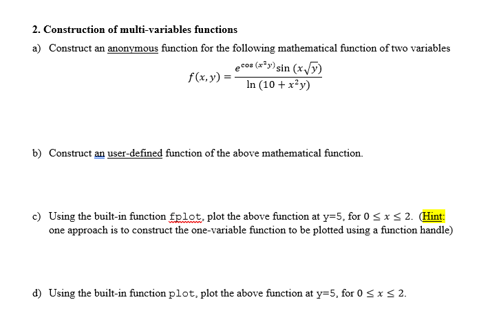 Solved 2. Construction of multi-variables functions a) | Chegg.com