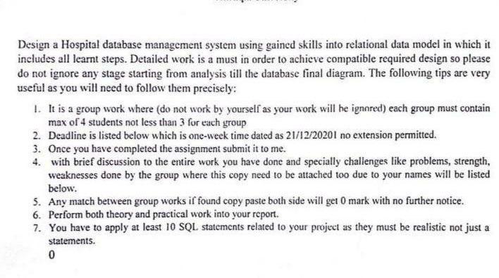 Design a Hospital database management system using | Chegg.com