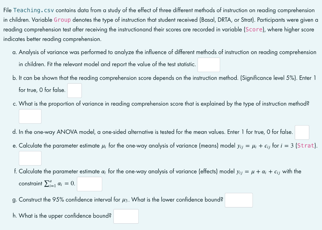 Solved File Teaching.csv contains data from a study of the | Chegg.com