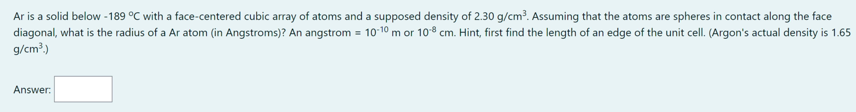 Solved Ar is a solid below −189∘C with a face-centered cubic | Chegg.com