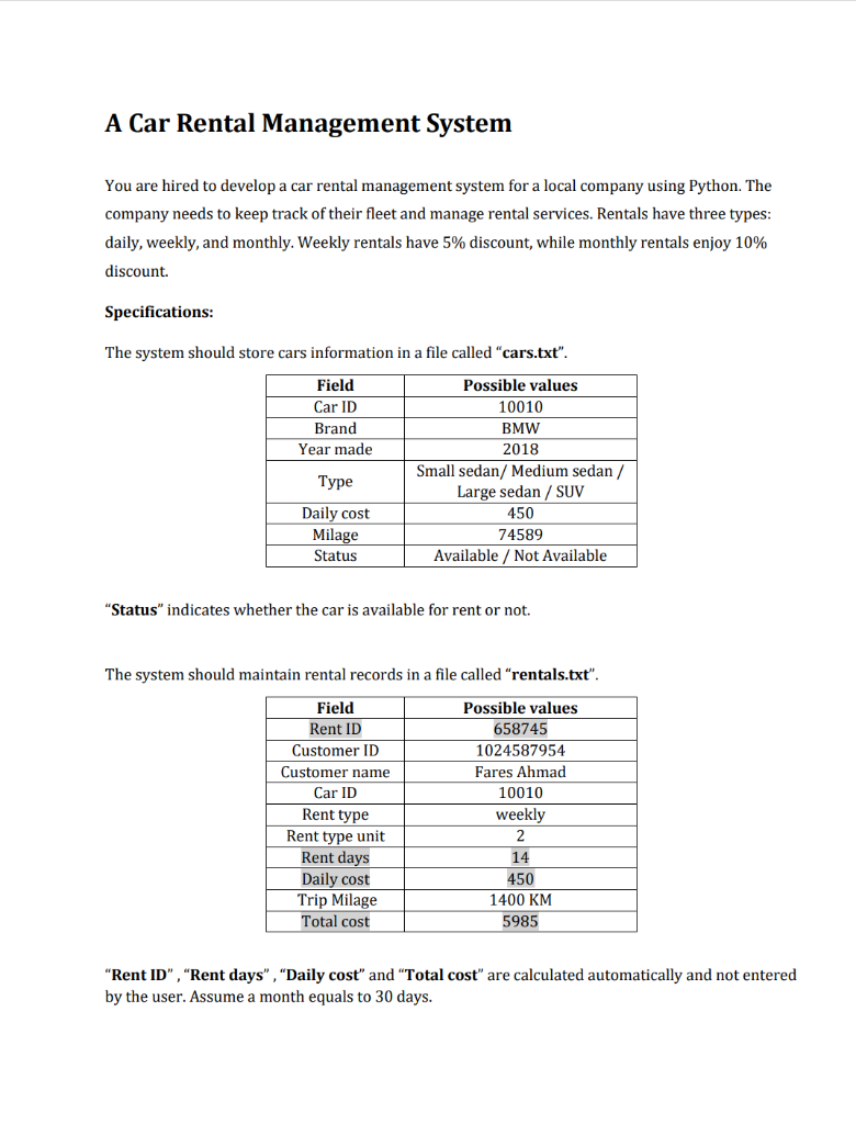 Solved A Car Rental Management System. can you solve it | Chegg.com