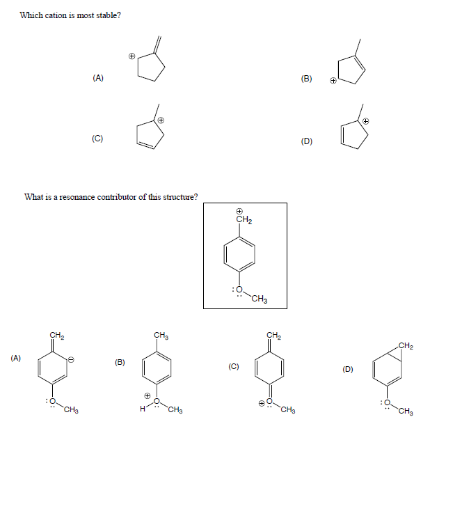Solved Which cation is most stable? (A) (B) + + + (C) (D) | Chegg.com