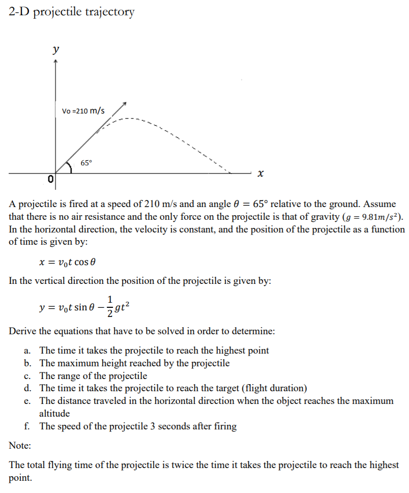 Solved 2-D projectile trajectory y Vo =210 m/s 65° х 0 A | Chegg.com