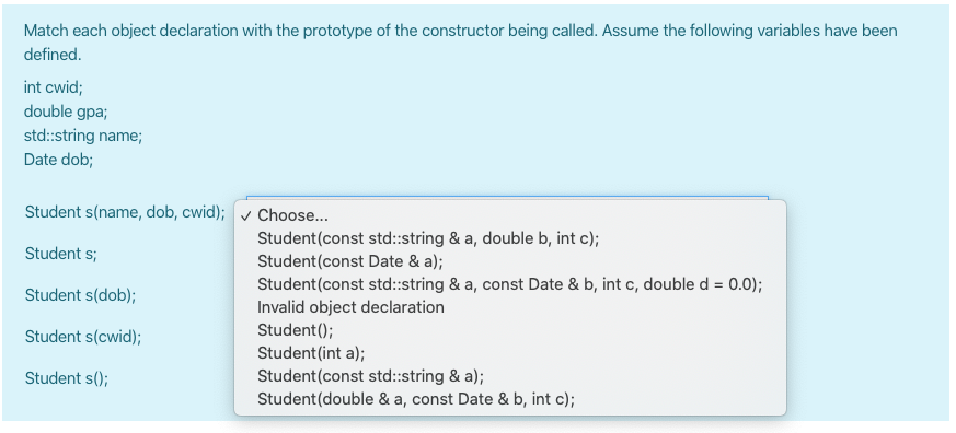 Solved Match each object declaration with the prototype of | Chegg.com