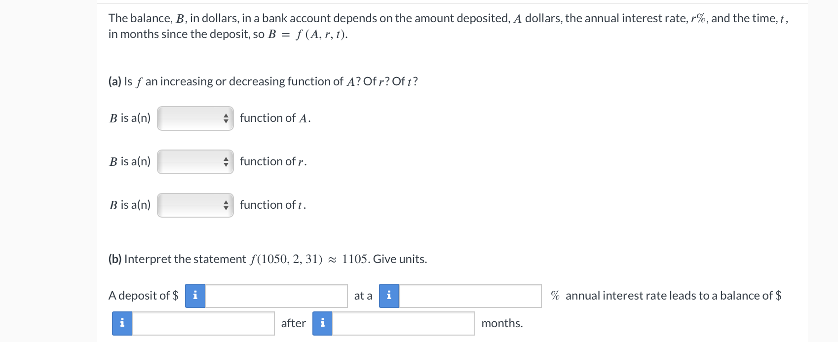Solved The balance, B, in dollars, in a bank account depends | Chegg.com