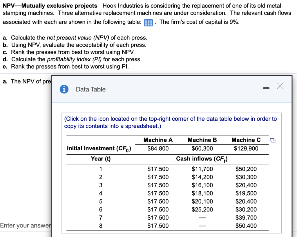 Solved NPV—Mutually exclusive projects Hook Industries is | Chegg.com