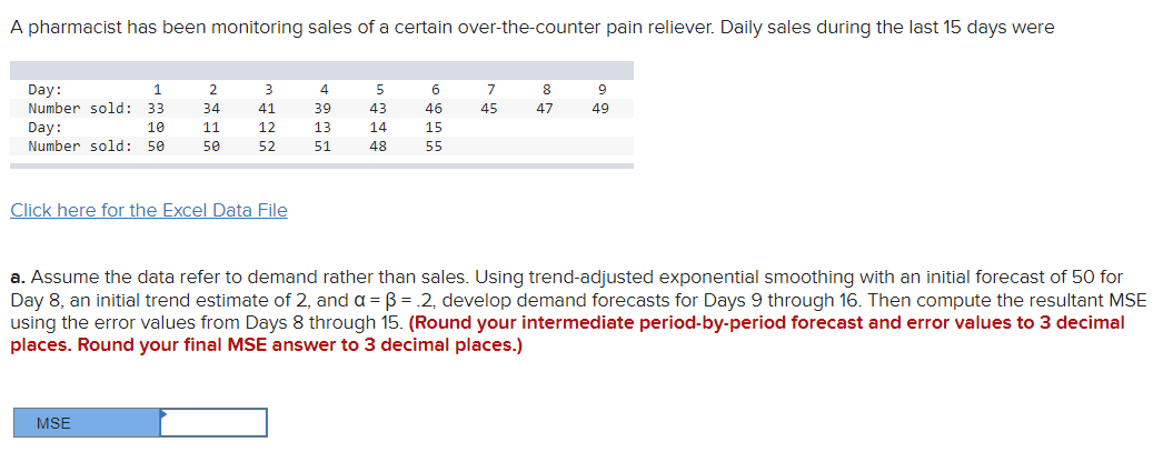 Solved Click here for the Excel Data File a. Assume the data | Chegg.com