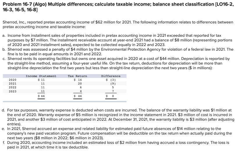 Solved Problem 16-7 (Algo) Multiple differences; calculate | Chegg.com