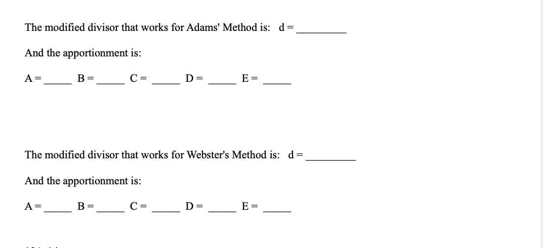 Solved Find the Jefferson, Adams and Webster's apportionment | Chegg.com