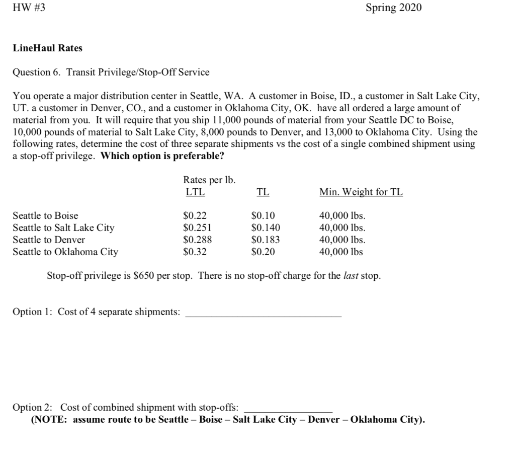HW #3 Spring 2020 LineHaul Rates Question 6. Transit | Chegg.com