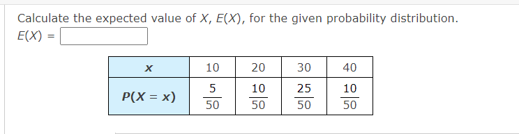 Solved Calculate the expected value of X,E(X), for the given | Chegg.com