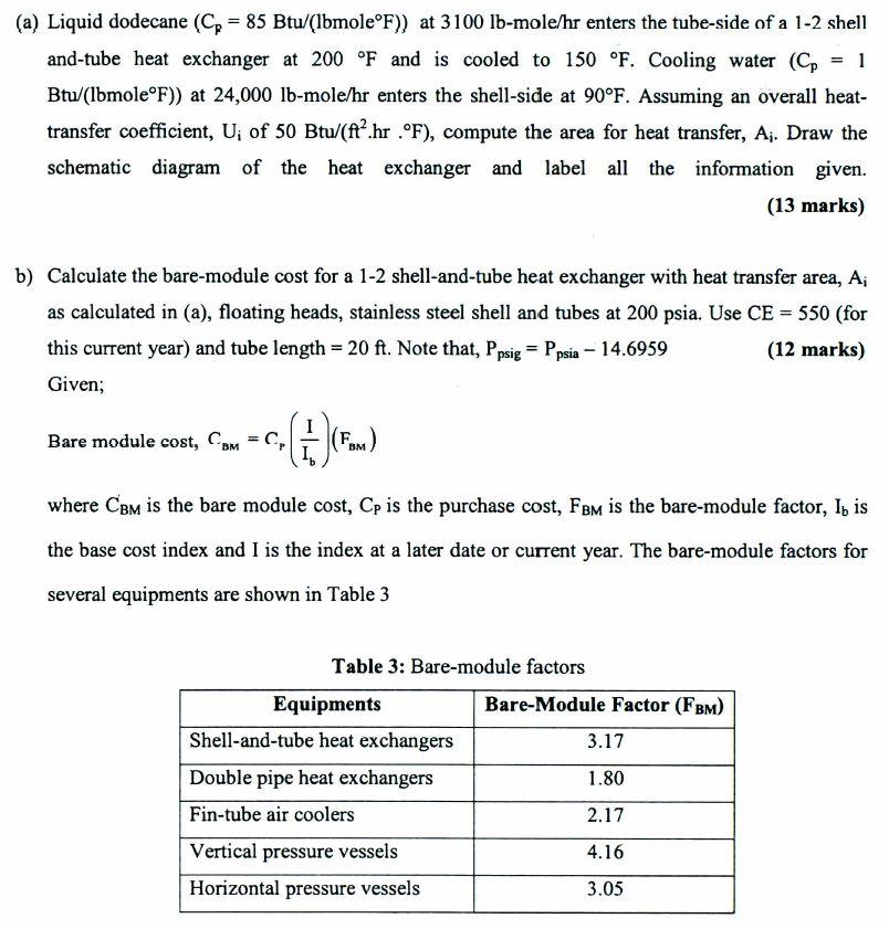 Solved 1 (a) Liquid dodecane (Cp = 85 Btu/(lbmole°F)) at | Chegg.com