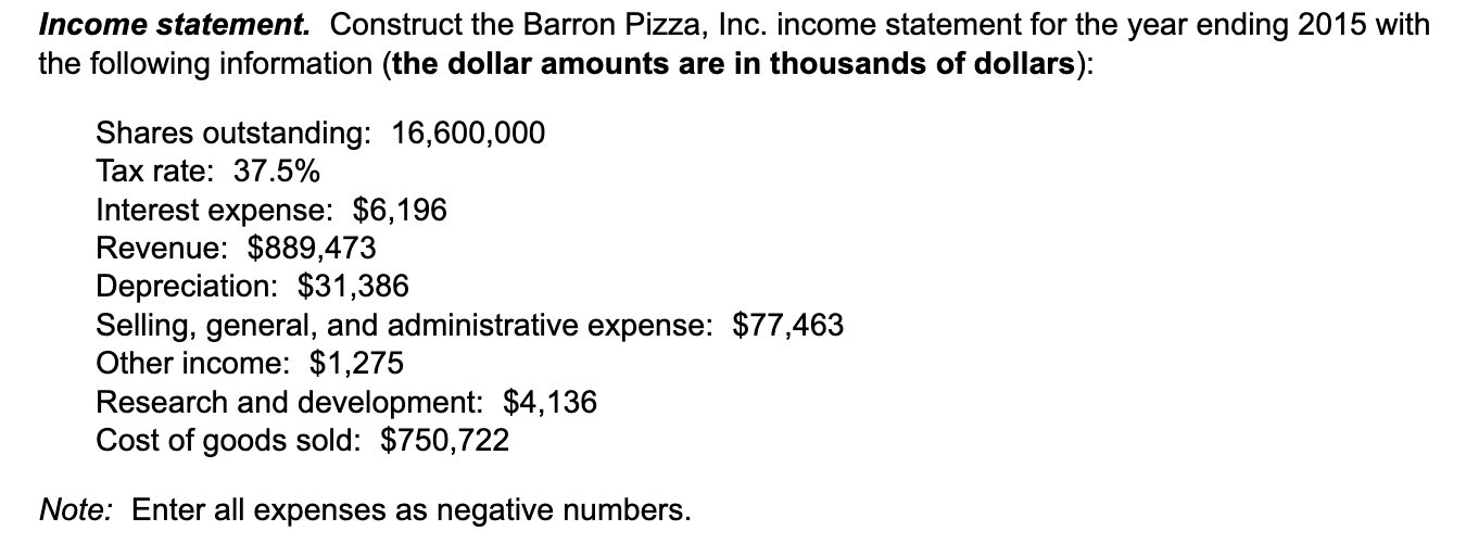 Solved Income statement. Construct the Barron Pizza, Inc. | Chegg.com