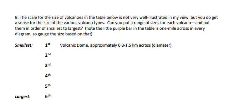 B. The scale for the size of volcanoes in the table | Chegg.com