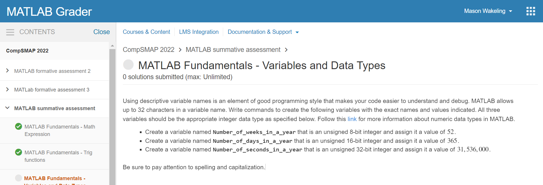 Solved III MATLAB Grader Mason Wakeling CONTENTS Close | Chegg.com