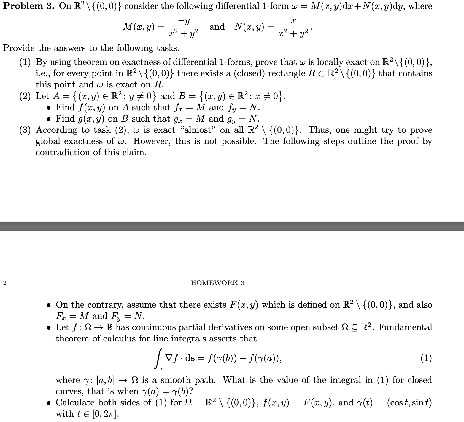 Solved Problem 3. On R2\{(0,0)} consider the following | Chegg.com