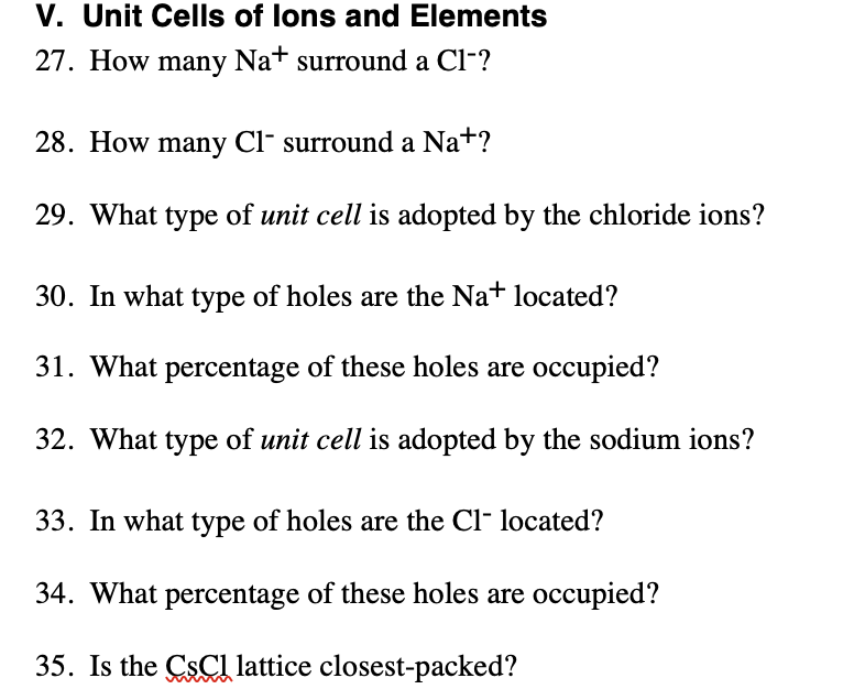 Solved V. Unit Cells of lons and Elements 27. How many Na+ | Chegg.com