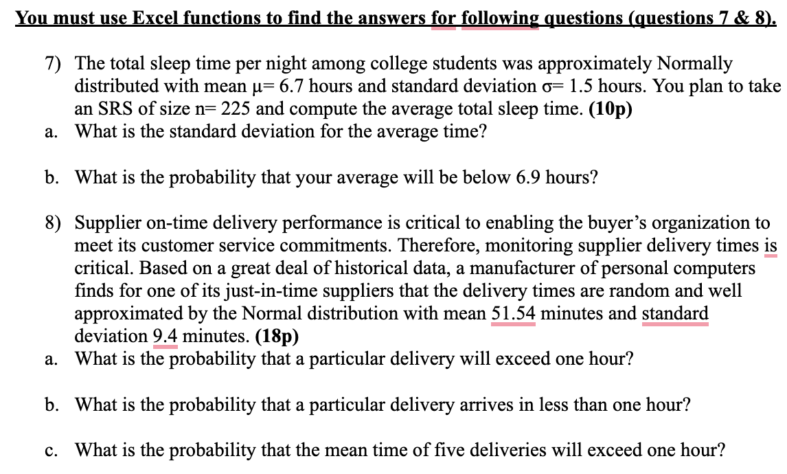 (ou must use Excel functions to find the answers for | Chegg.com