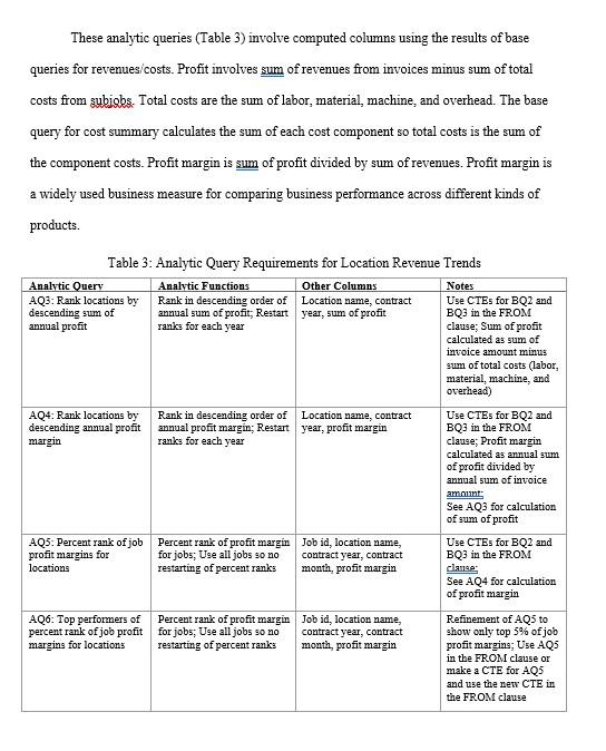 Solved These analytic queries (Table 3) involve computed | Chegg.com
