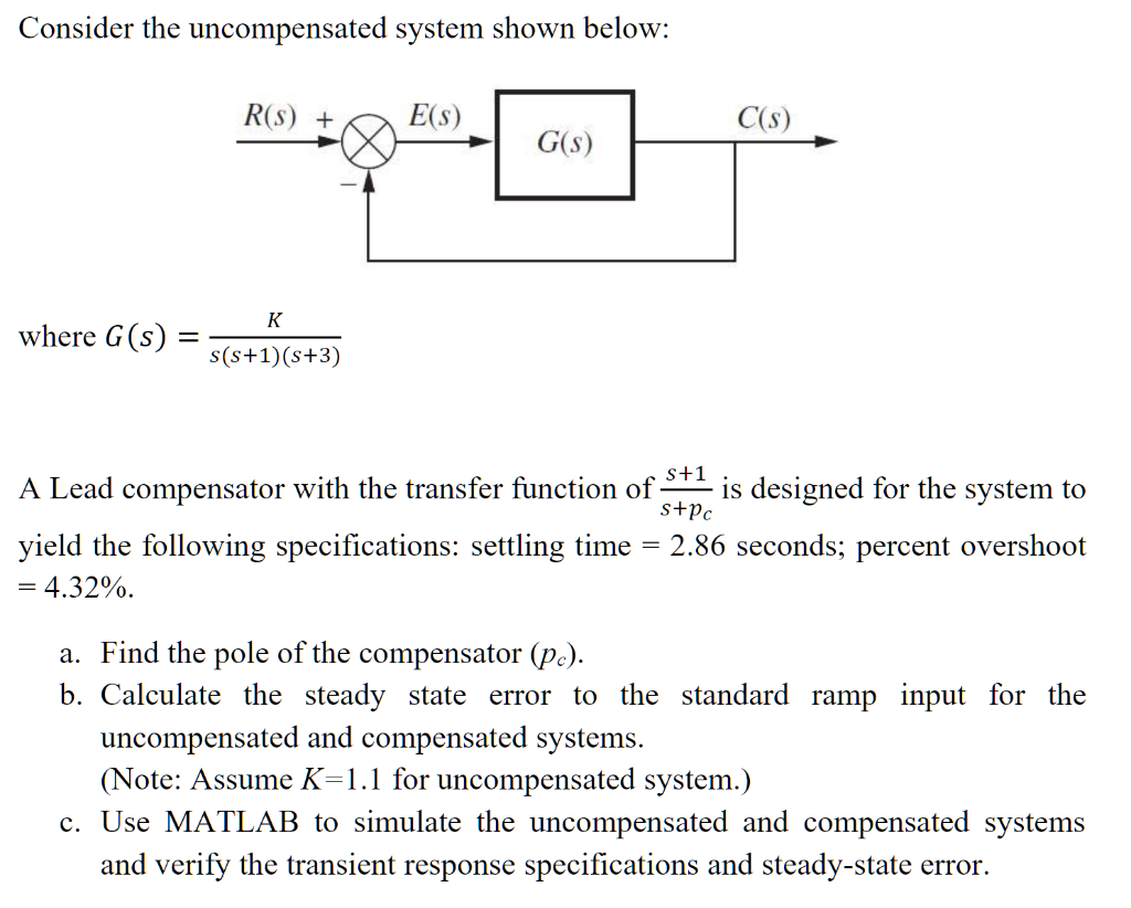 Solved Consider the uncompensated system shown below: R(S) + | Chegg.com