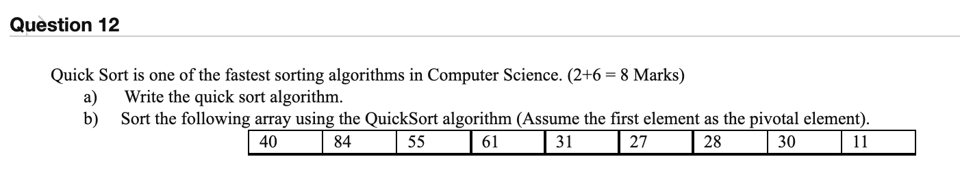 Solved Question 12 Quick Sort is one of the fastest sorting | Chegg.com