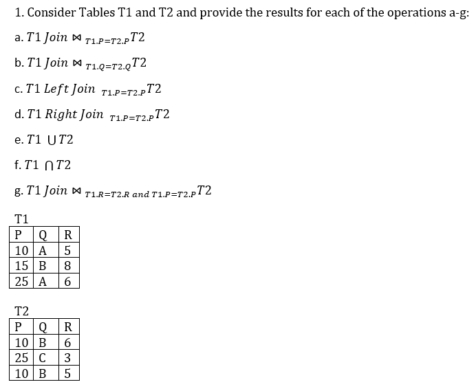 Solved 1. Consider Tables T1 and T2 and provide the results | Chegg.com