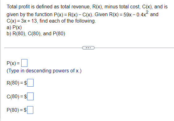 Solved Total profit is defined as total revenue, \\( R(x) | Chegg.com