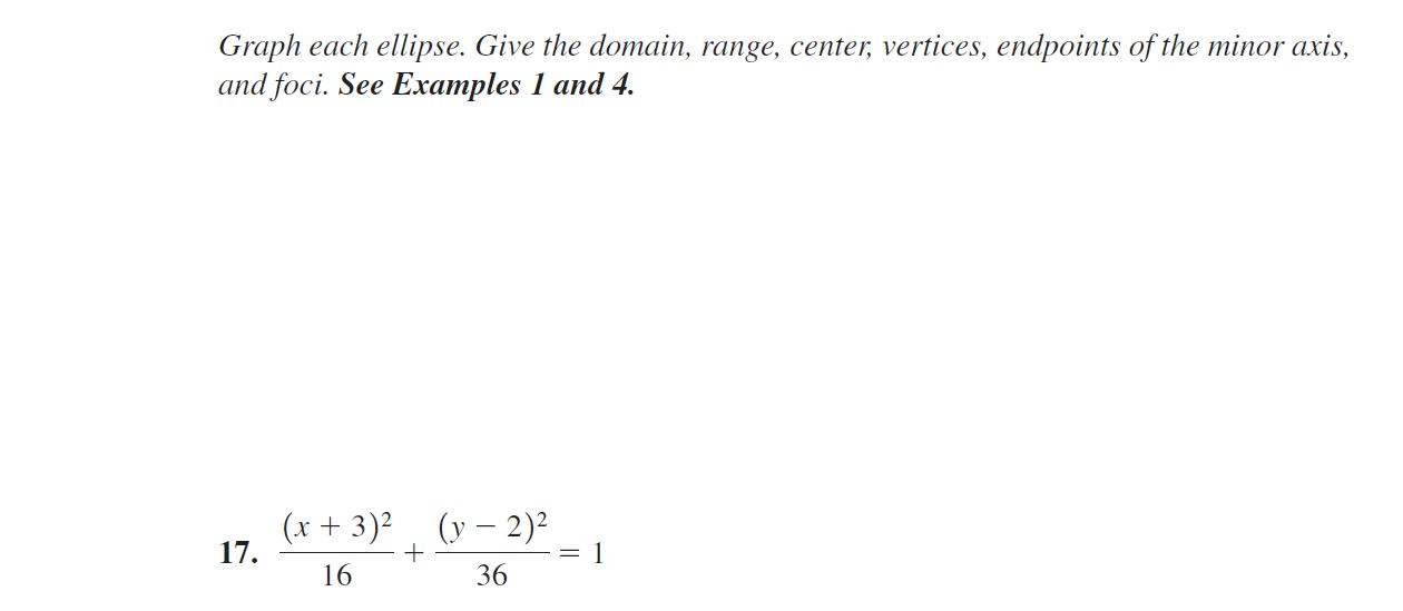 Solved Graph each ellipse. Give the domain, range, center, | Chegg.com