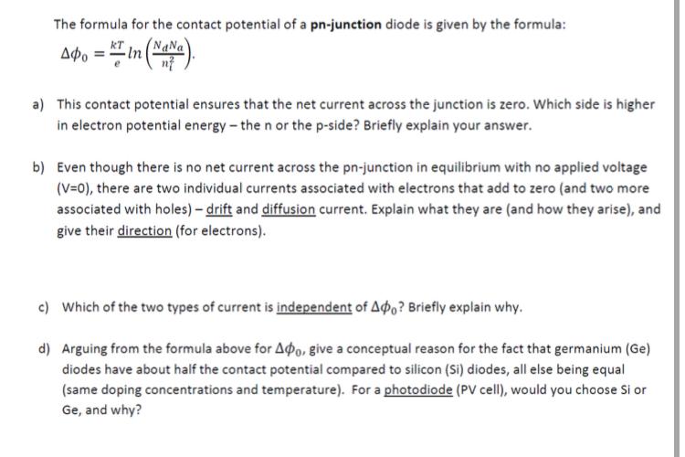 Solved The formula for the contact potential of a | Chegg.com