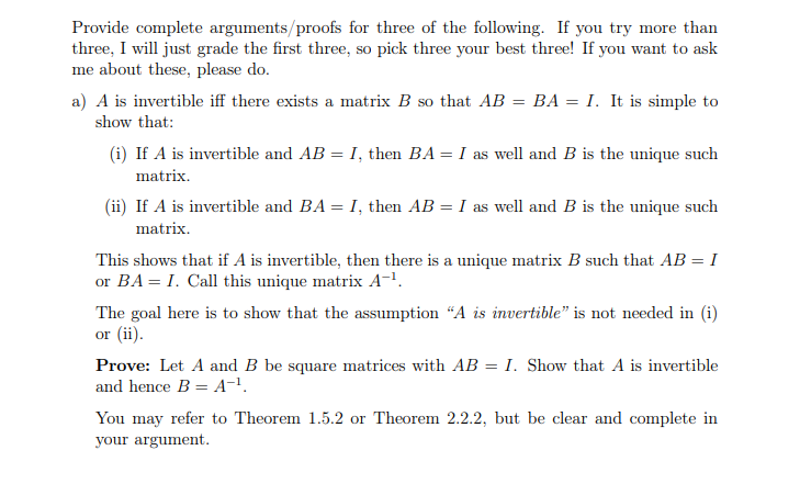 Solved Provide complete arguments/proofs for three of the | Chegg.com