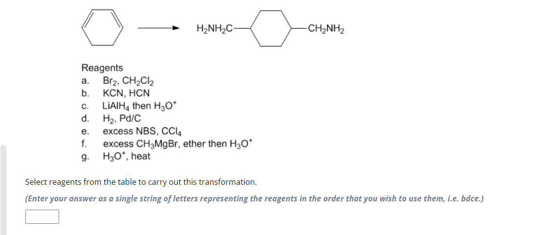 Solved Reagents a. Br2,CH2Cl2 b. KCN,HCN c. LiAlH4 then H3O+ | Chegg.com