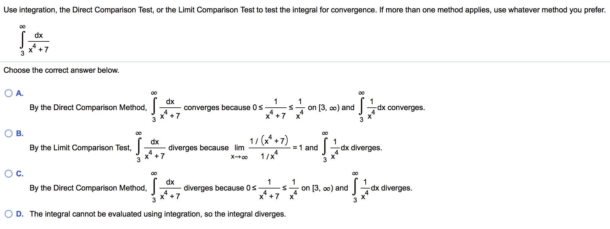 Solved Use integration, the Direct Comparison Test, or the | Chegg.com