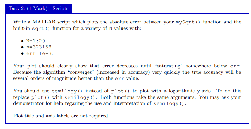 Solved Task 2: (1 Mark) - Scripts Write a MATLAB script | Chegg.com