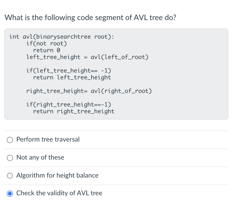 Solved What is the following code segment of AVL tree do? | Chegg.com