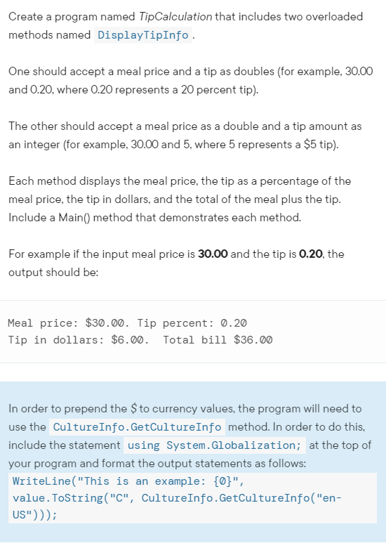Solved Create A Program Named Tipcalculation That Includes 