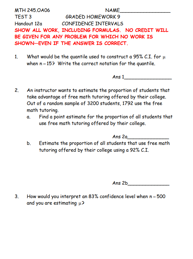 Solved MTH 245.0A06 NAME TEST 3 GRADED HOMEWORK 9 Handout | Chegg.com