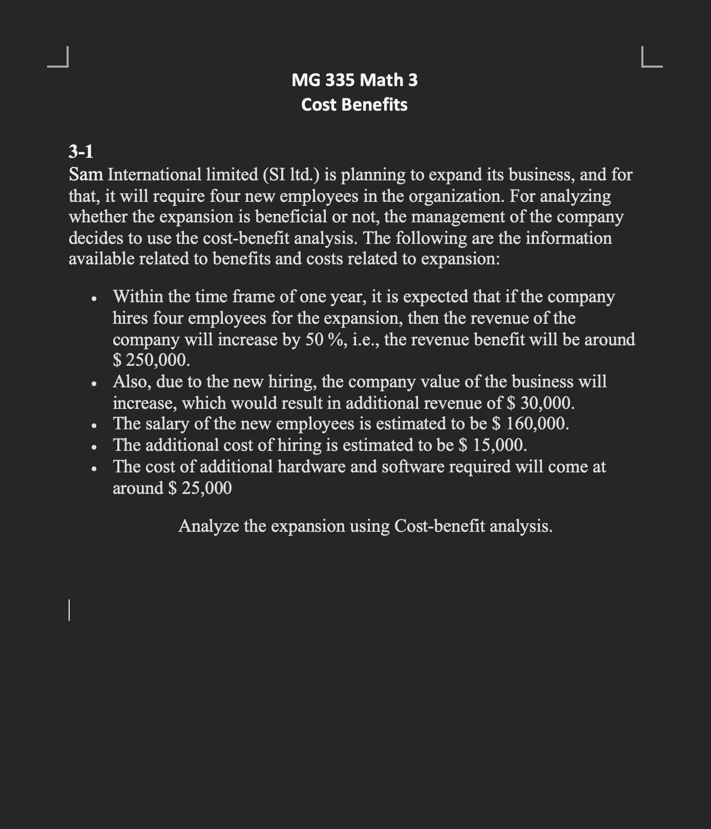 Solved MG 335 Math 3 Cost Benefits 3-1 Sam International | Chegg.com