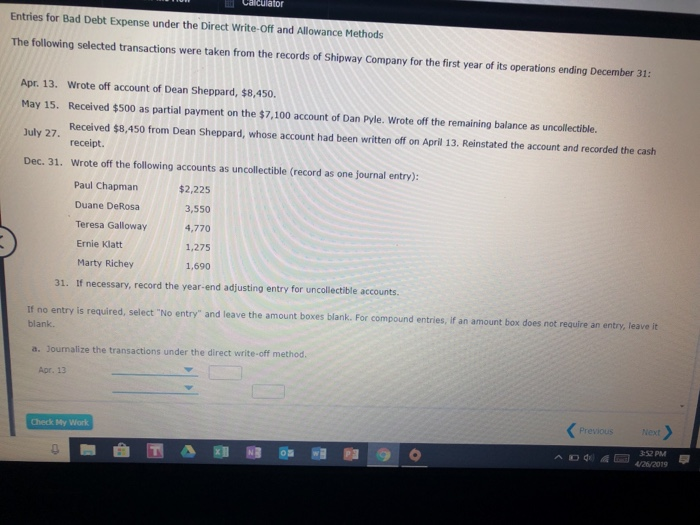 Solved Calculator Entries for Bad Debt Expense under the | Chegg.com