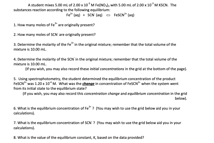 Solved A student mixes 5.00 mL of 2.00 x 10' M Fe(NO2), with | Chegg.com