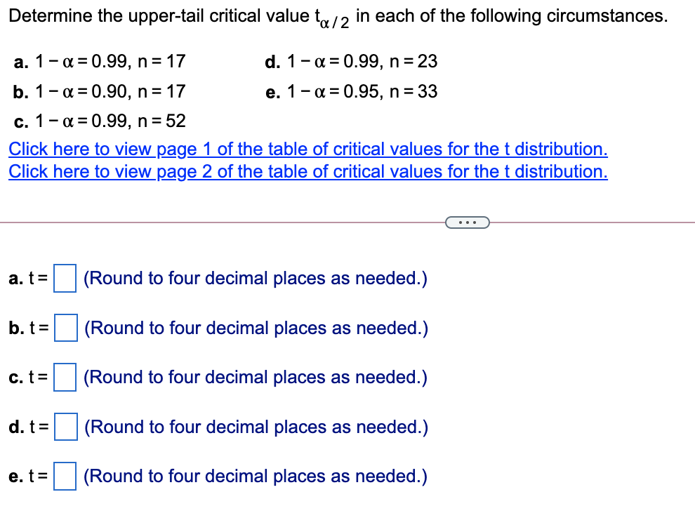 Solved Determine the upper-tail critical value ta/2 in each | Chegg.com