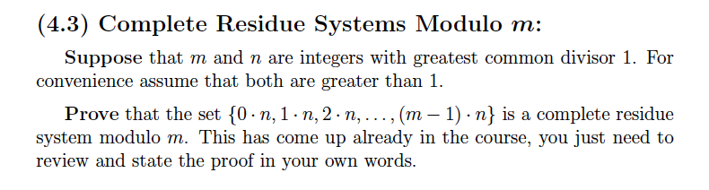 Solved (4.3) Complete Residue Systems Modulo m: Suppose that | Chegg.com