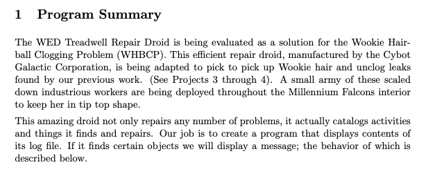 Solved Program Summary The WED Treadwell Repair Droid is | Chegg.com