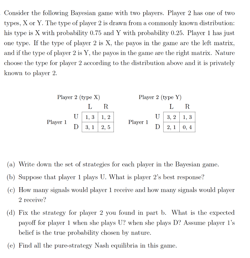 Solved Consider the following Bayesian game with two | Chegg.com