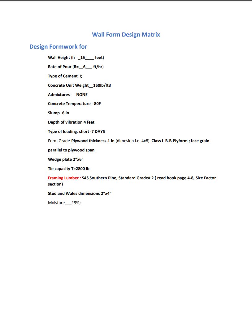 Wall Form Design Matrix Design Formwork for Wall | Chegg.com