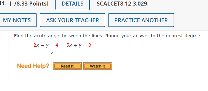 Solved Find the acute angle between the lines. Round your | Chegg.com